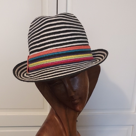 Accessories | Black And White Striped Fedora With Multi Color Band ...